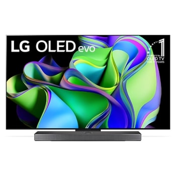 Vue avant du LG OLED evo avec l’emblème « 10 Years World No.1 OLED » à l’écran, et de la barre de son située en dessous. 1