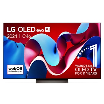 Vue de face du LG OLED evo AI TV, OLED C4, logo de l’emblème OLED 11 ans numéro 1 mondial et logo du programme webOS Re:New à l’écran1