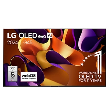 Vue de face du LG OLED evo AI TV, OLED G4 avec emblème OLED 11 ans numéro 1 mondial, logo webOS Re:New Program et logo de la garantie de 5 ans sur le panneau à l’écran1