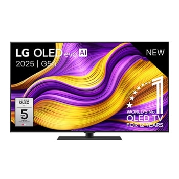 Vue avant de la Smart TV LG OLED evo AI G5 4K. L’emblème OLED numéro 1 dans le monde pendant 12 ans et le logo LG OLED evo AI 2025 sont à l’écran.1