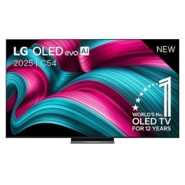 Front view of LG OLED evo AI C5 4K Smart TV. 12 Years of world number 1 OLED emblem and LG OLED evo AI 2025 logo are on the screen.2