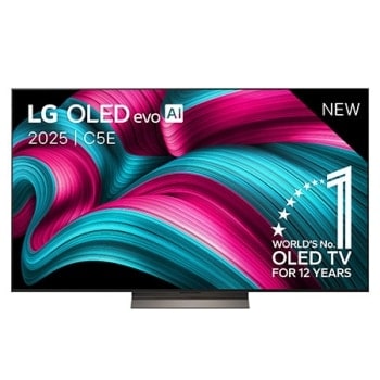 Front view of LG OLED evo AI C5 4K Smart TV. 12 Years of world number 1 OLED emblem and LG OLED evo AI 2025 logo are on the screen.1