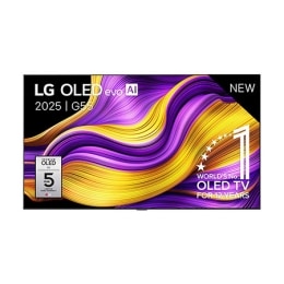 Vue avant de la Smart TV LG OLED evo AI G5 4K. L’emblème OLED numéro 1 dans le monde pendant 12 ans et le logo LG OLED evo AI 2025 sont à l’écran.2