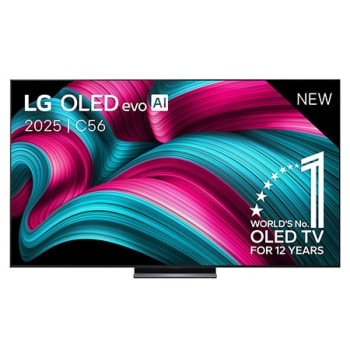 Vue avant de la Smart TV LG OLED evo AI C5 4K. L’emblème OLED numéro 1 dans le monde pendant 12 ans et le logo LG OLED evo AI 2025 sont à l’écran.1