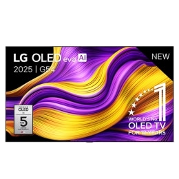 Vue avant de la Smart TV LG OLED evo AI G5 4K. L’emblème OLED numéro 1 dans le monde pendant 12 ans et le logo LG OLED evo AI 2025 sont à l’écran.2