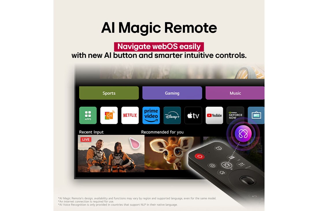 LG 77 英寸 LG OLED AI B5 4K 智能电视 , LG AI 动感遥控器 在前景中。AI 按钮图标突出显示。LG webOS UI 在背景中。鼠标光标表示遥控器正在使用中。文字解释了遥控器的功能和控制如何实现在 webOS 上轻松导航。, OLED77B5PCA, thumbnail 11