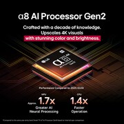 LG 77 英寸 LG OLED AI B5 4K 智能电视 , α8 AI 音/画芯片 Gen2 散发出橙色和粉色光芒，并发出彩色光芒。标题讲述了该处理器如何呈现 4K 画质、令人惊艳的色彩和亮度。图像文字显示了 AI 神经处理功能 NPU 的性能提升了约 1.7 倍，CPU 的运行速度提升 1.4 倍。, OLED77B5PCA, thumbnail 6