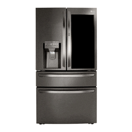  Imagen de la Refrigeradora LG LM85SXD cerrada con la ventana de instaview prendida, dentro se ven varios alimentos 2