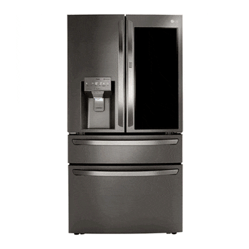  Imagen de la Refrigeradora LG LM85SXD cerrada con la ventana de instaview prendida, dentro se ven varios alimentos 1