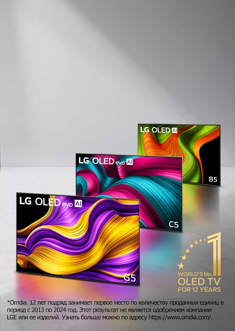 Ряд из трех телевизоров LG OLED evo AI: модели C5, G5 и B5. В углу эмблема «Телевизор OLED TV № 1 в мире уже 12 лет». 