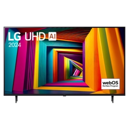 Вид спереди на телевизор LG UHD, UT91 с текстом LG UHD AI ThinQ, 2024 и логотипом webOS Re:New Program на экране2