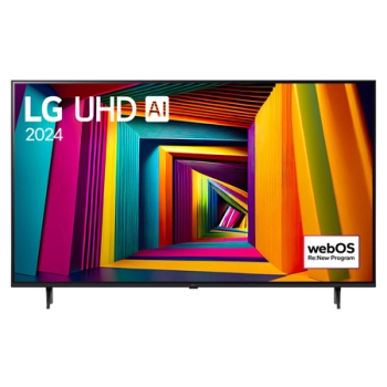 Вид спереди на телевизор LG UHD, UT91 с текстом LG UHD AI ThinQ, 2024 и логотипом webOS Re:New Program на экране1