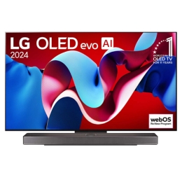 Вид спереди на телевизор LG OLED evo, OLED C4, logo эмблемы «OLED №1 в течение 11 лет» и logo программы webOS Re:New на экране, а также звуковую панель снизу