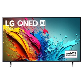 Вид спереди на телевизор LG QNED, QNED86 с текстом LG QNED, 2024 и логотипом webOS Re:New Program на экране1